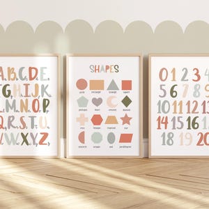 Set of 3 Educational Nursery Prints, Shapes Print, Alphabet Chart ...