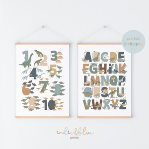 Set of 2 Dinosaur Prints, Alphabet Numbers Print, ABC Print, Scandi ...