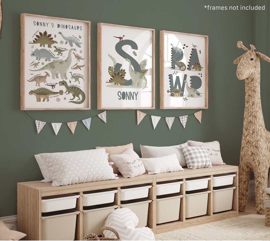 Set of 3 Personalised Dinosaur Posters, Blue Dinosaur Name Print ...