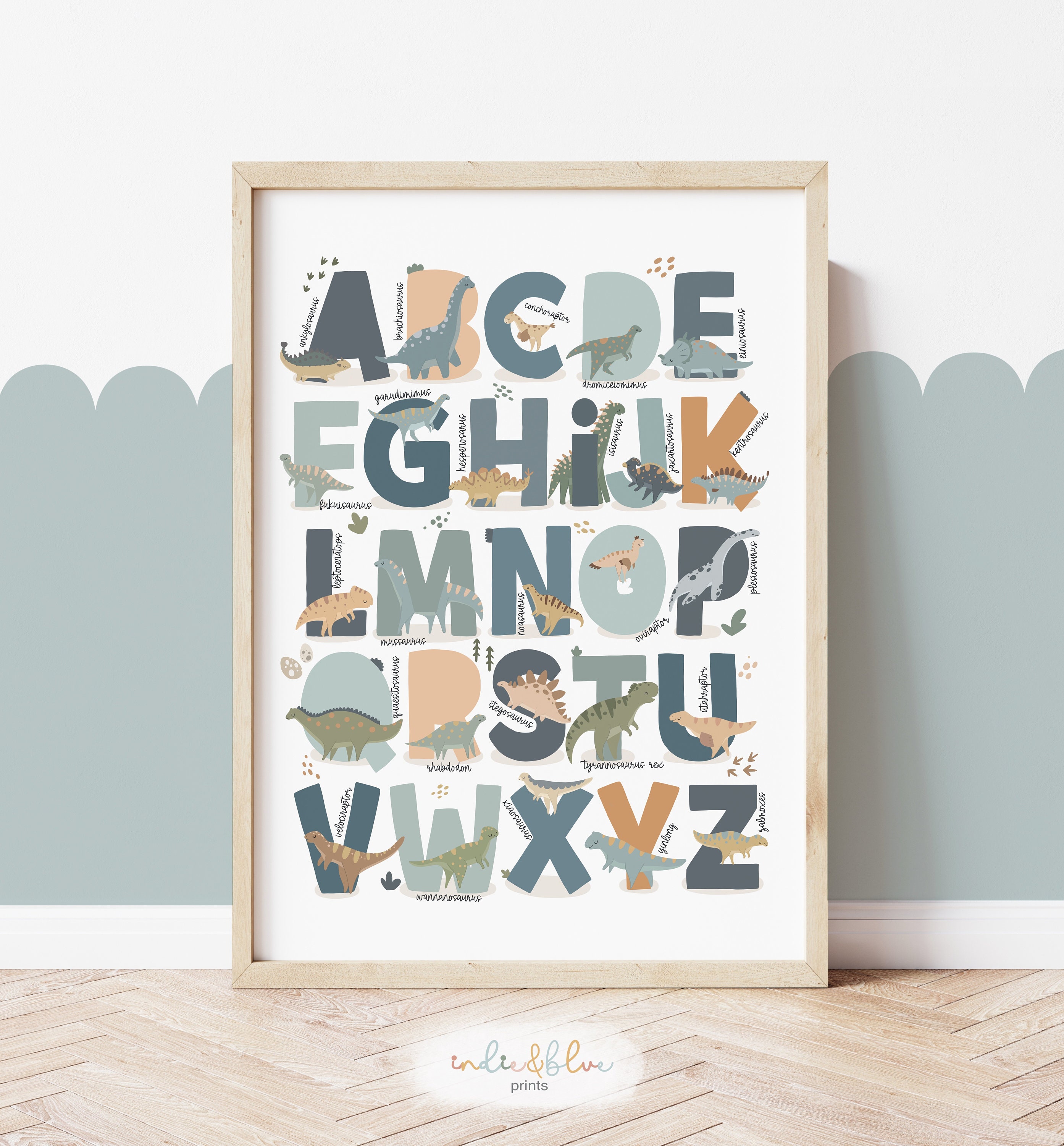 Set of 3 Personalised Dinosaur Posters in Blue, Alphabet Print ...