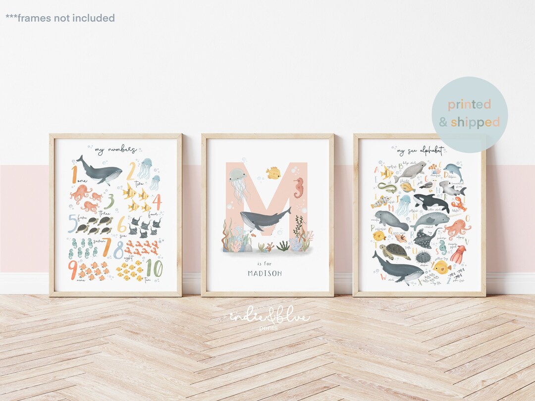 Personalised Sea Animals Print Set, Girl Nursery Alphabet and Numbers ...