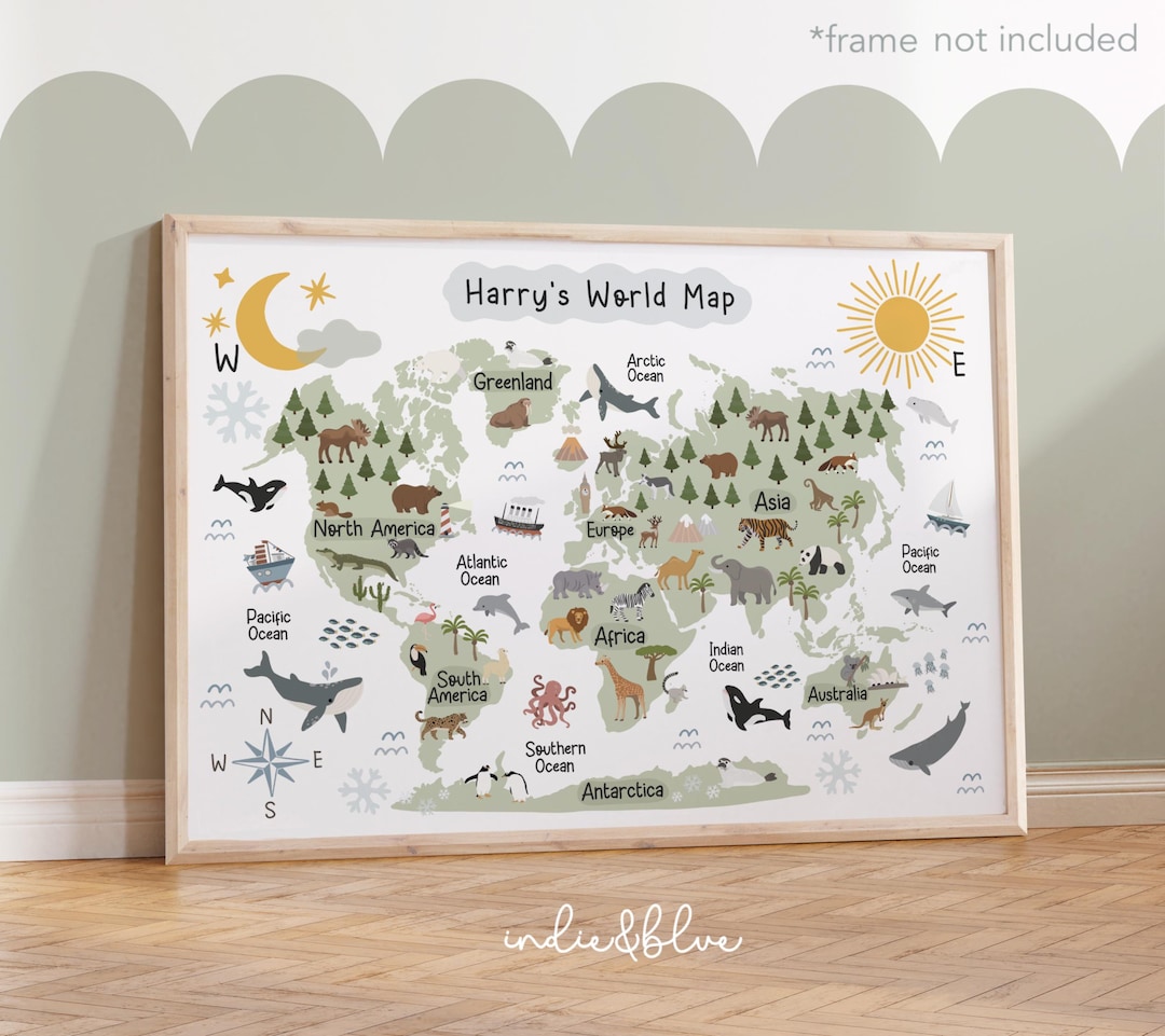 Personalised World Map Print UNFRAMED, Animal World Map, Kids Poster ...