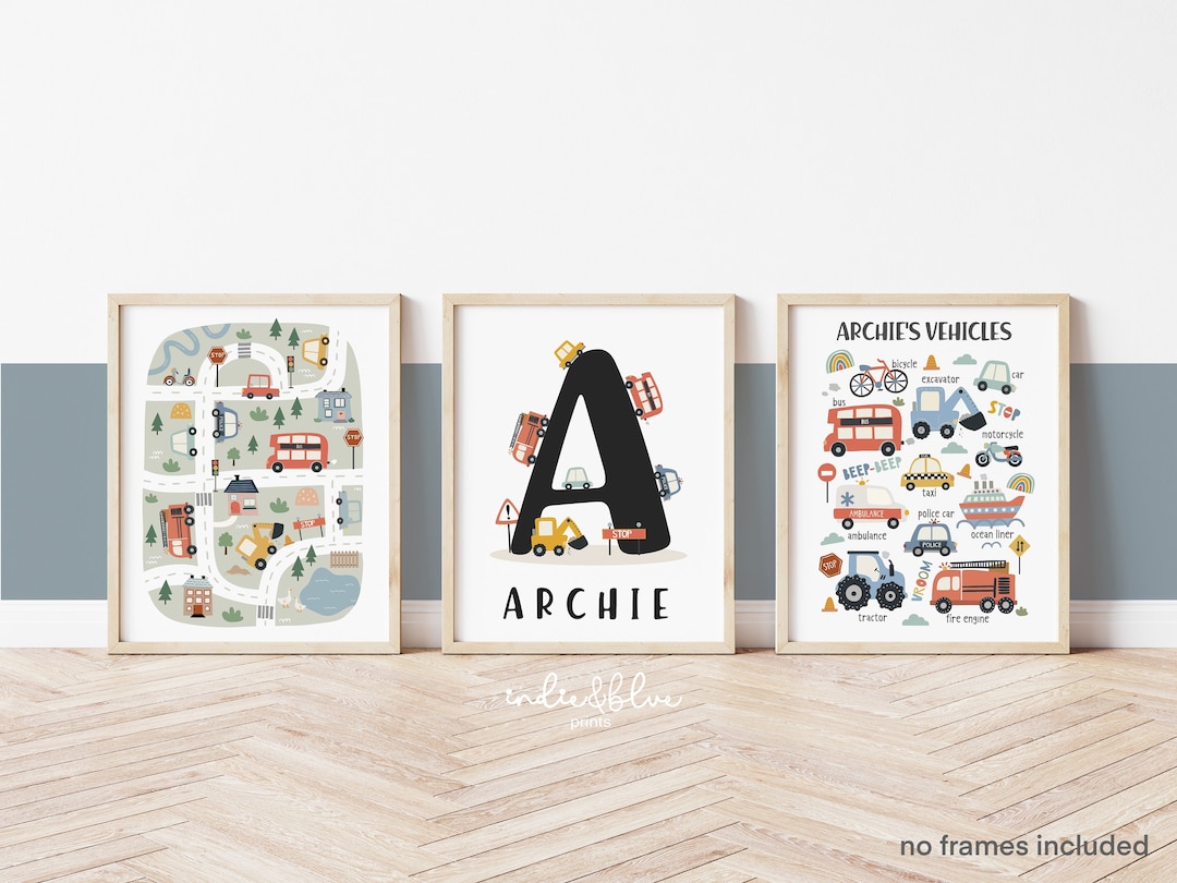 Set of 3 Personalised Transport Posters, Vehicles Print, Cars Chart ...