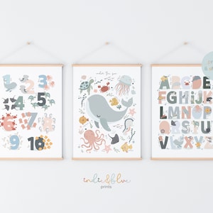 Sea Animals Alphabet Print, Set of 3 Sea Animals Print, Under the Ocean ...