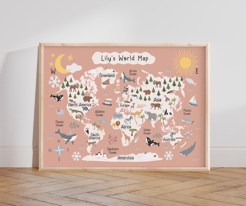 Personalised Animal World Map Print, Colourful Children’s Bedroom Decor ...