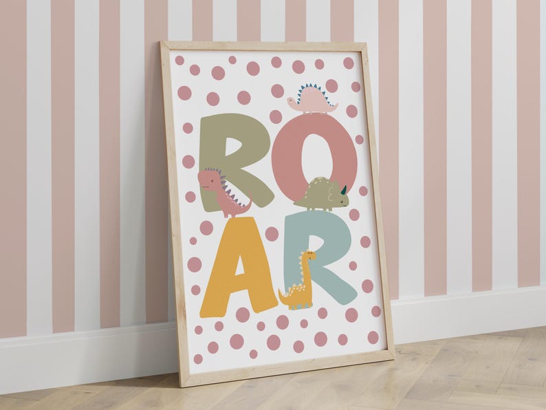 Cute Dinosaur Chart Print, Roar Poster in Pastel Colours, Girl Bedroom ...