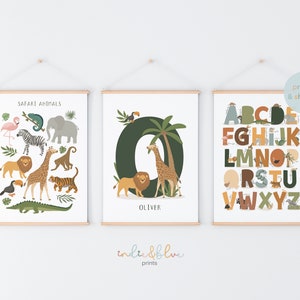 Set of 3 Safari Animals Prints, Personalised Initial Print, Jungle ...