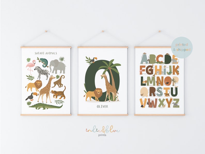 Set of 3 Safari Animals Prints, Personalised Initial Print, Jungle ...