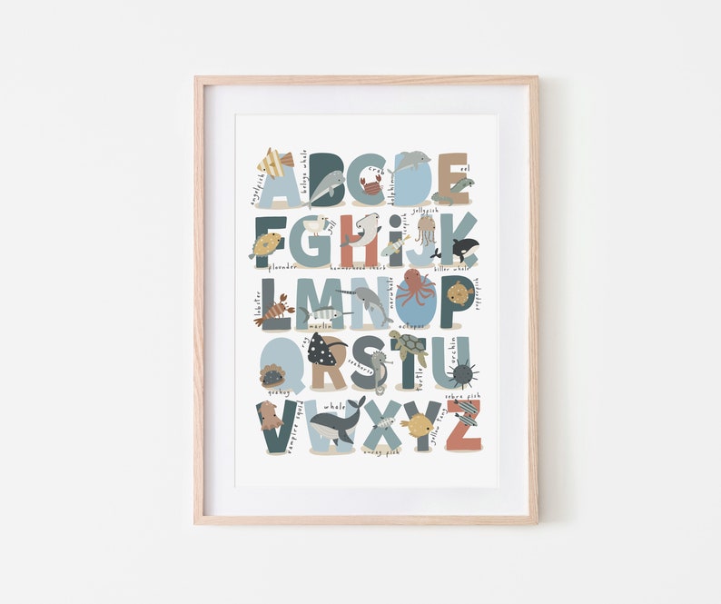 Navy Blue Sea Animals Alphabet Print, Under the Ocean Print, Boy ...