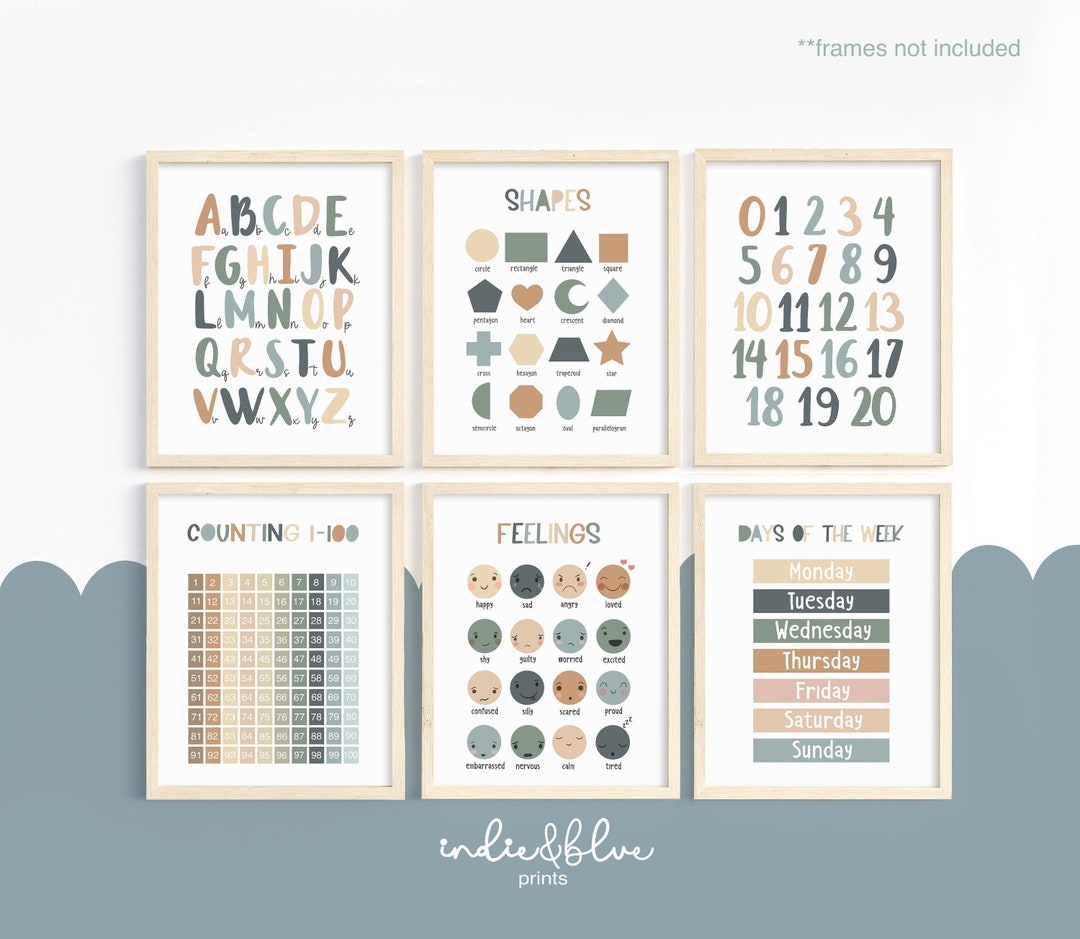 Set of 6 Educational Prints in Blue Green, Alphabet and Numbers Prints ...