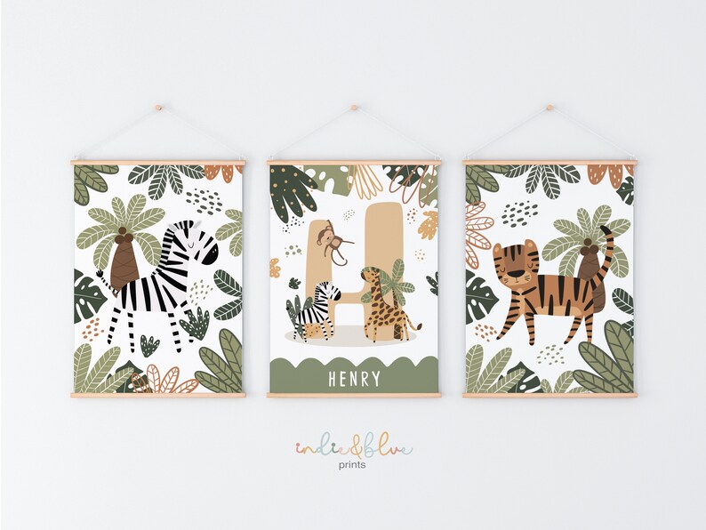 Set of 3 Personalised Safari Animals Prints, Name Print, Tiger Print ...