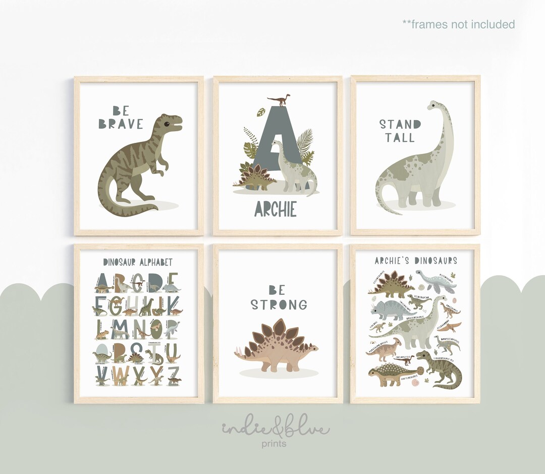 Set of 6 Personalised Blue Dinosaur Posters, Dinosaur Alphabet Print ...