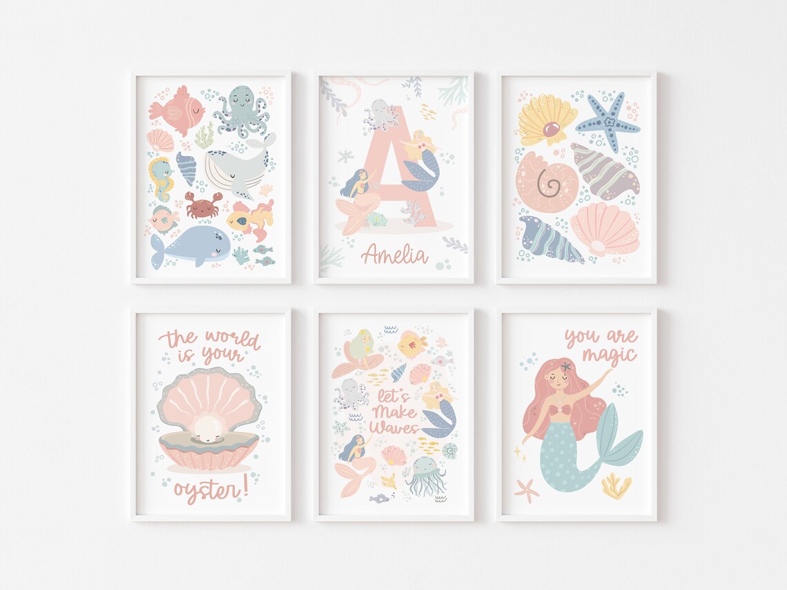 Set of 6 Personalised Mermaids Print Set in Pastel, Under the Ocean ...