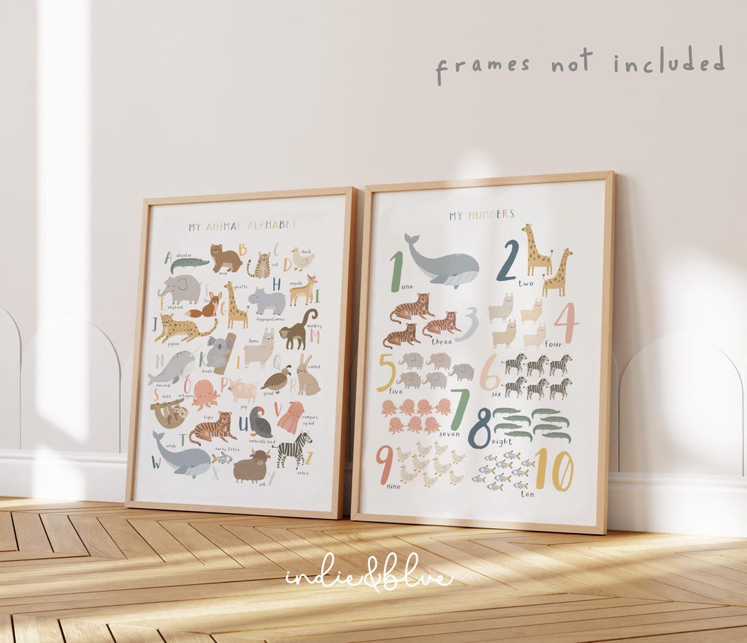 Animal Alphabet and Numbers Print Set, Educational Prints, Scandi ...
