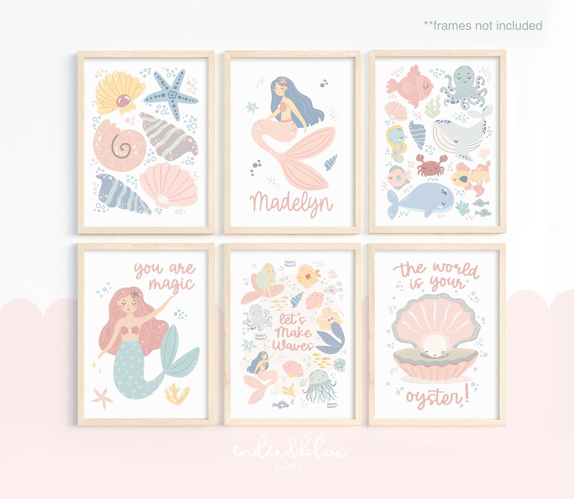 Set of 6 Personalised Mermaids Print in Pastel, Under the Ocean Prints ...