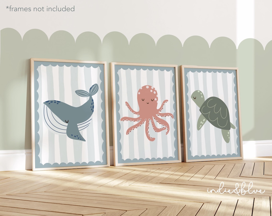 Set of 3 Unframed Sea Animals Prints in Blue, Ocean Nursery Prints ...