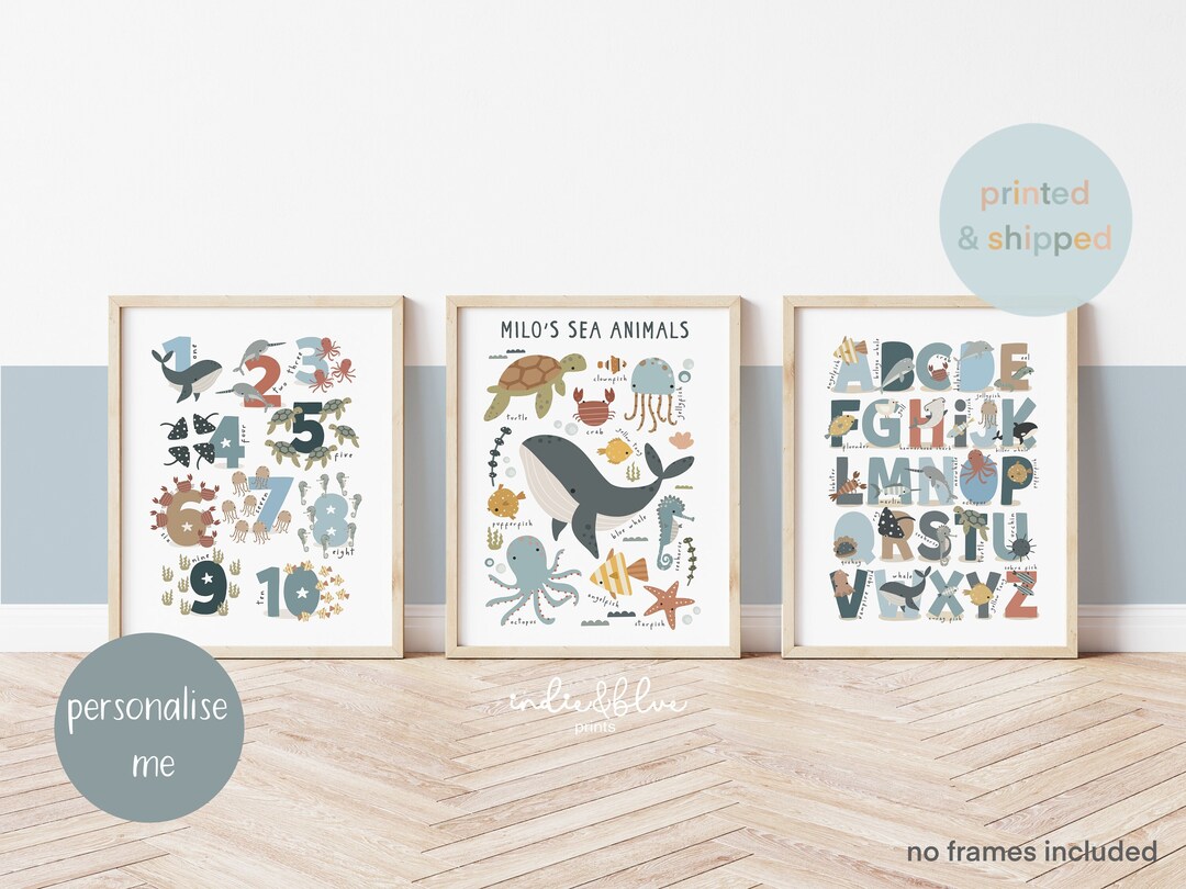Personalised Sea Animals Print Set, Ocean Nursery Print Set, Sea ...