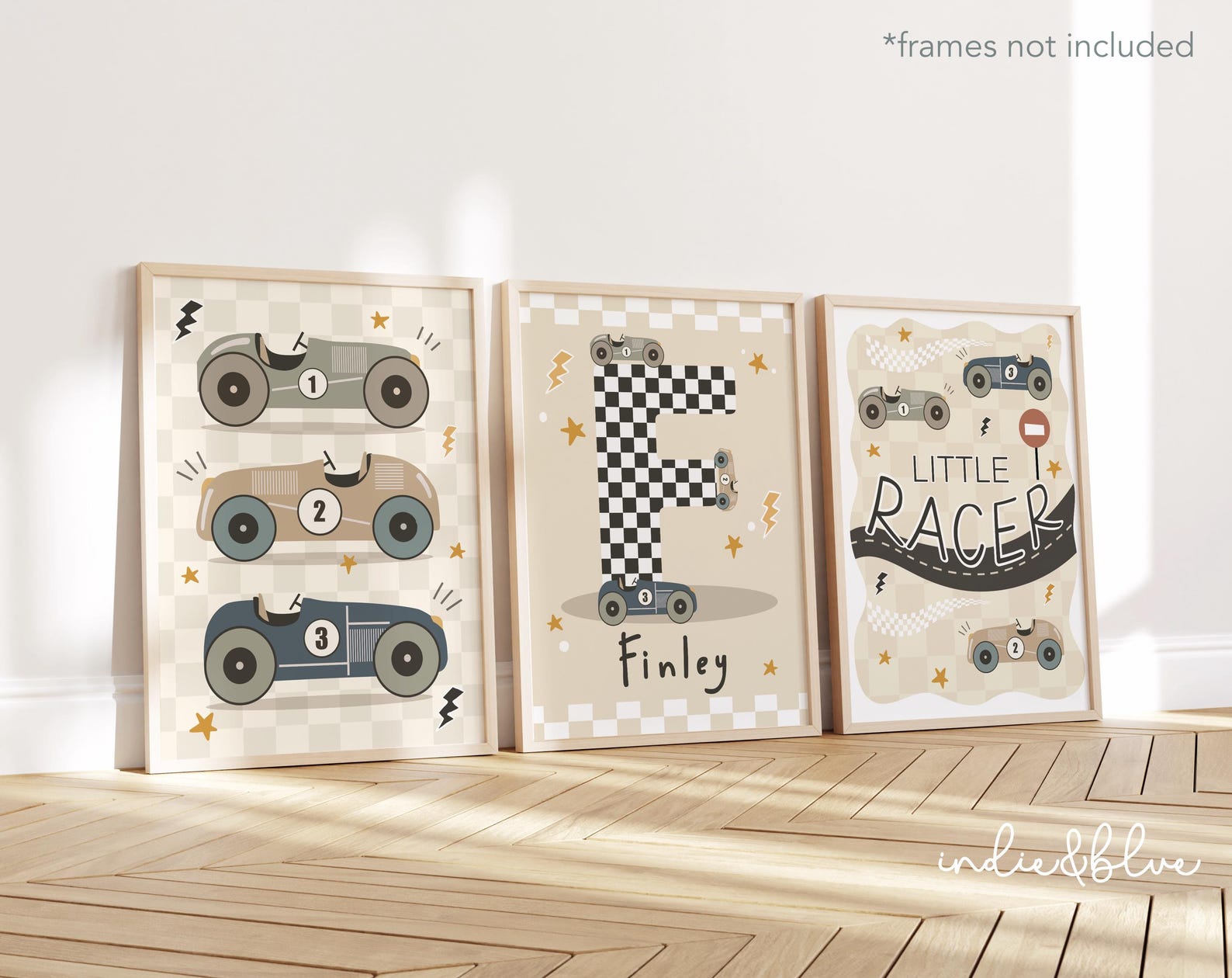 Set of 3 Personalised Race Car Name Prints in Neutral Colours, Retro ...