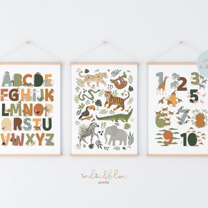 Set of 3 Safari Animals Prints, Alphabet Print, Numbers Print, Jungle ...