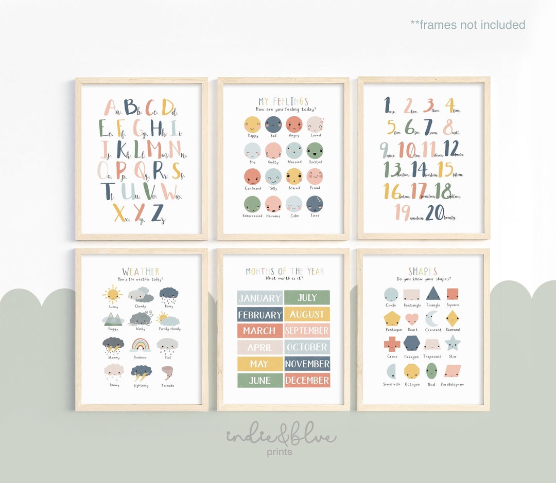 Set of 6 Educational Prints, Alphabet and Numbers Prints, Playroom ...