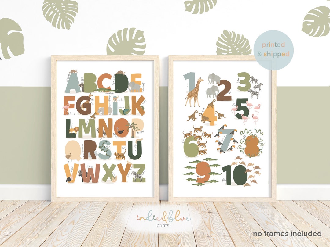 Set of 2 Safari Alphabet Numbers Print, ABC Print, Safari Animals Print ...