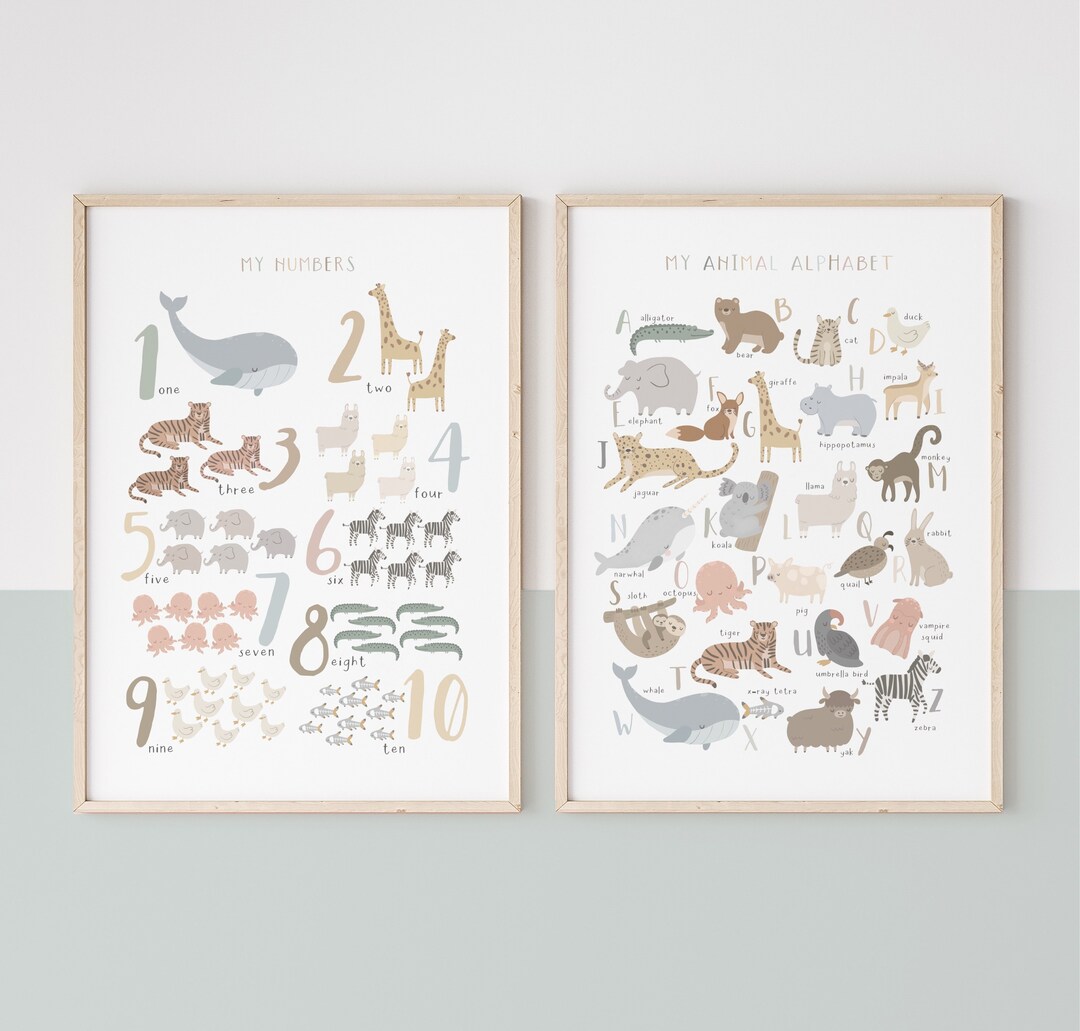 Animal Alphabet and Numbers Print Set in Neutral, Educational Prints ...