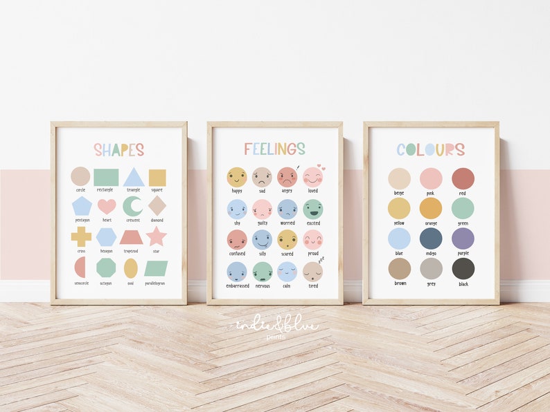 Set of 3 Educational Nursery Prints in Pastel, Shapes Print, Feelings ...