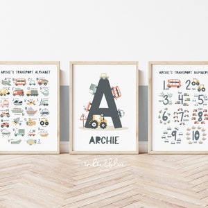 Personalised Set of 3 Transport Posters, Vehicle Alphabet and Numbers ...