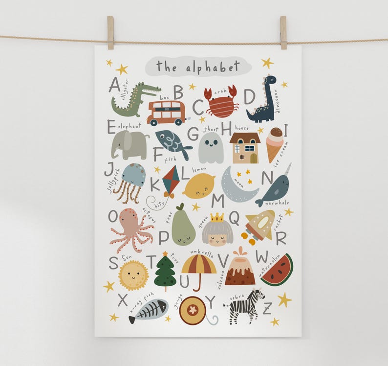 Educational Alphabet Chart Print, Colourful Playroom Toddler Room Wall ...
