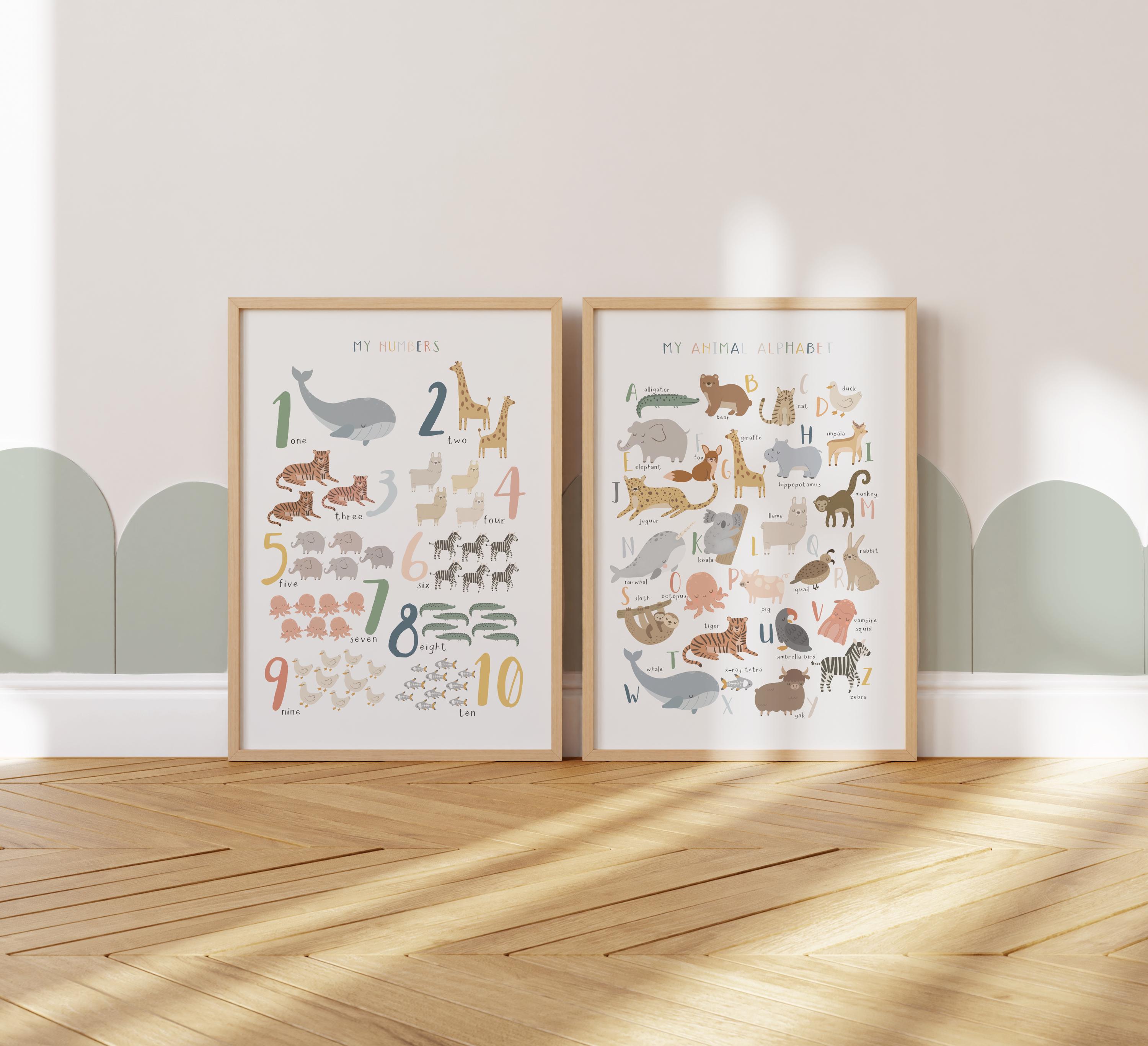 Animal Alphabet and Numbers Print Set, Educational Prints, Scandi ...