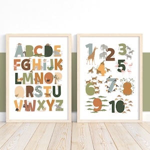 Set of 2 Safari Alphabet Numbers Print, ABC Print, Safari Animals Print ...