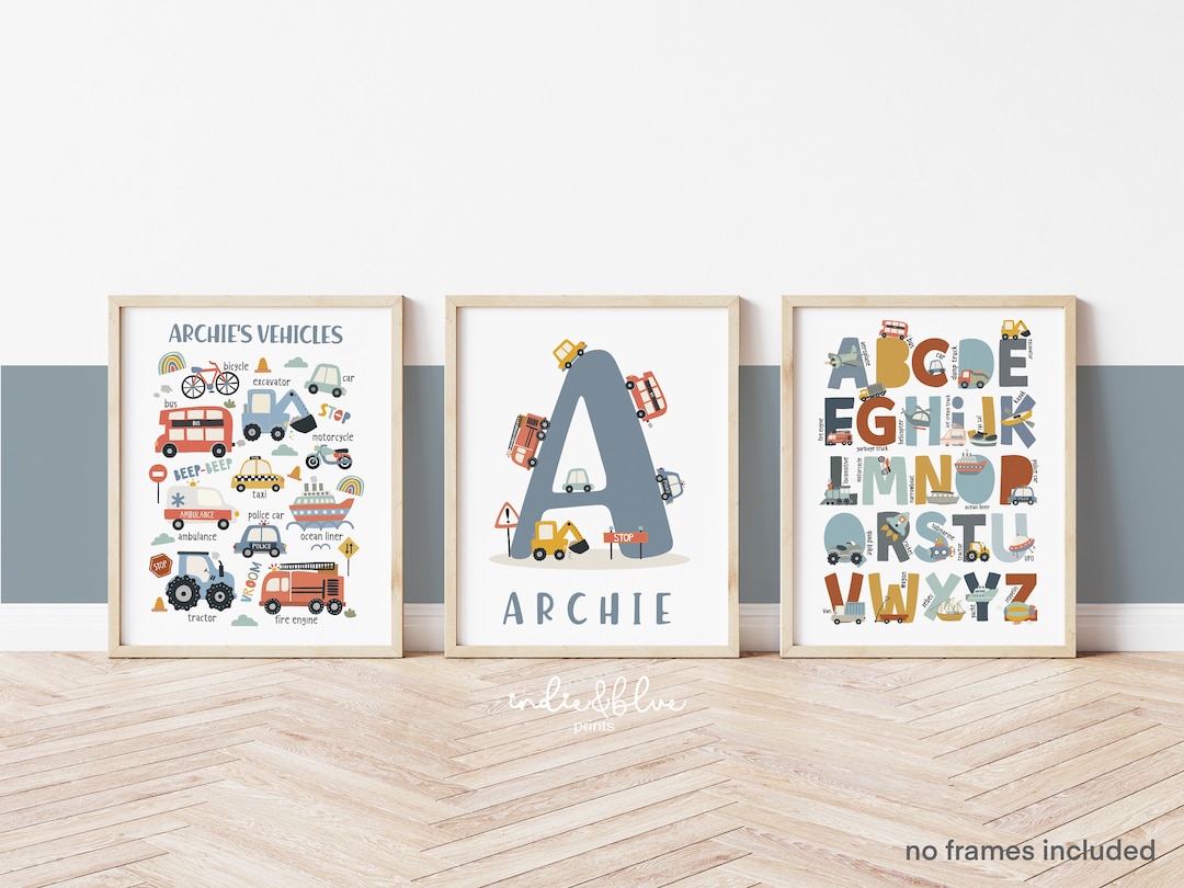 Personalised Set of 3 Transport Posters, Vehicle Alphabet Print, Cars ...