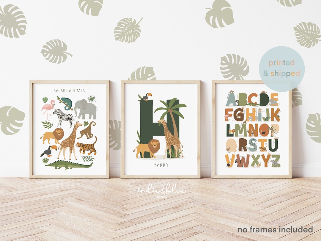 Set of 3 Safari Animals Prints, Personalised Initial Print, Jungle ...