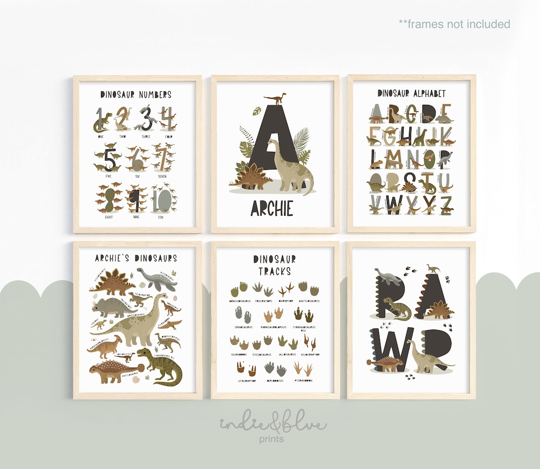 Set of 6 Personalised Dinosaur Posters, Alphabet and Numbers Print ...