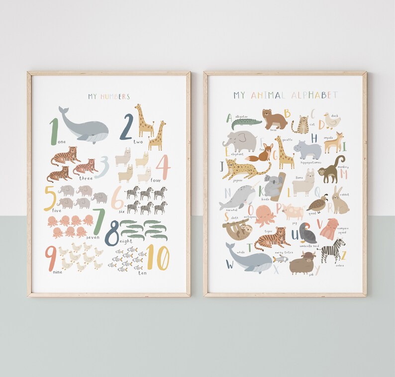 Animal Alphabet and Numbers Print Set, Educational Prints, Scandi ...