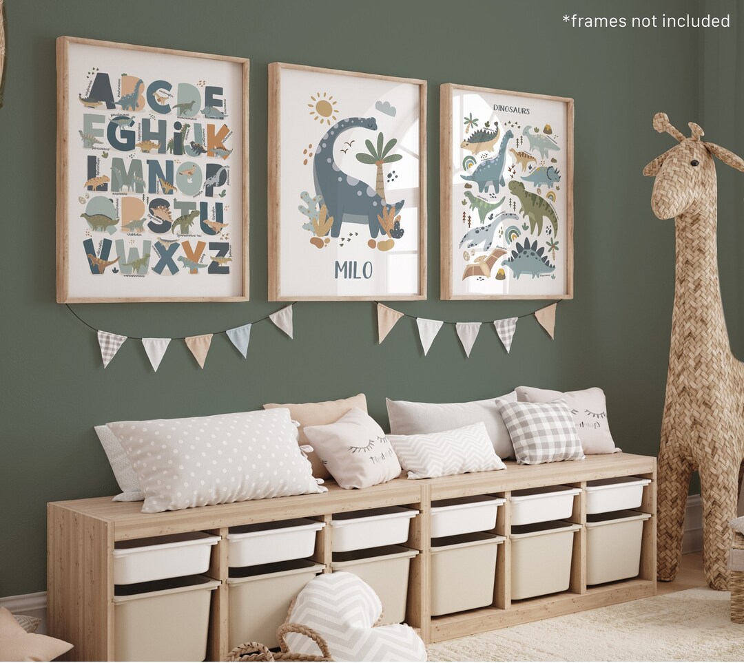Set of 3 Personalised Dinosaur Posters in Blue, Alphabet Print ...