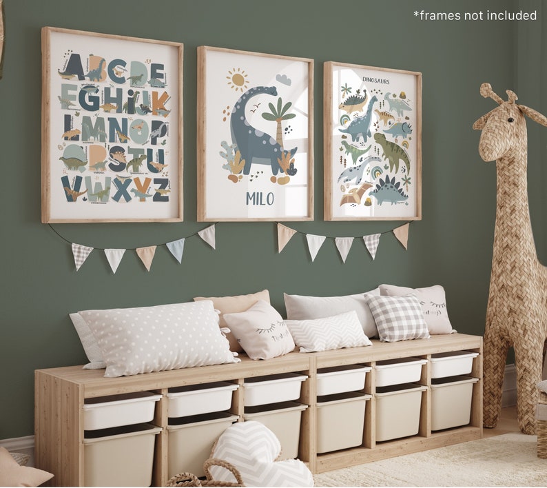 Set of 3 Personalised Dinosaur Posters in Blue, Alphabet Print ...