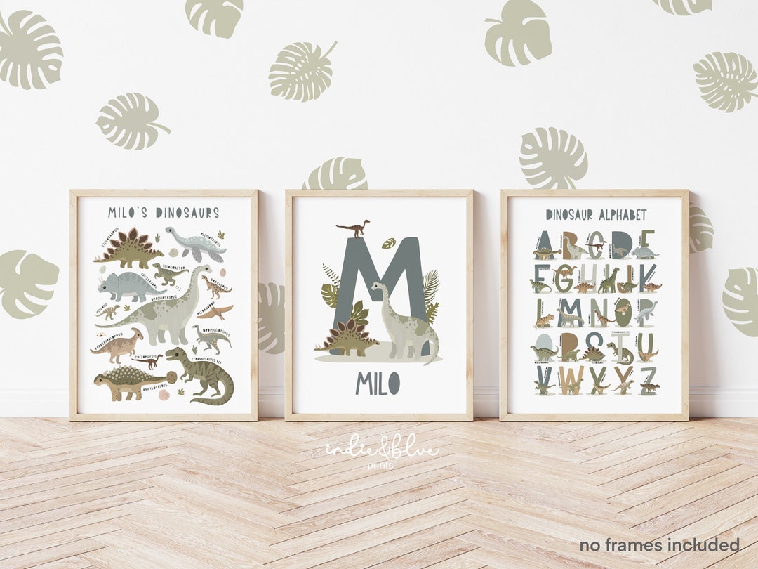 Set of 3 Blue Dinosaur Posters, Personalised Dinosaur Name Print ...