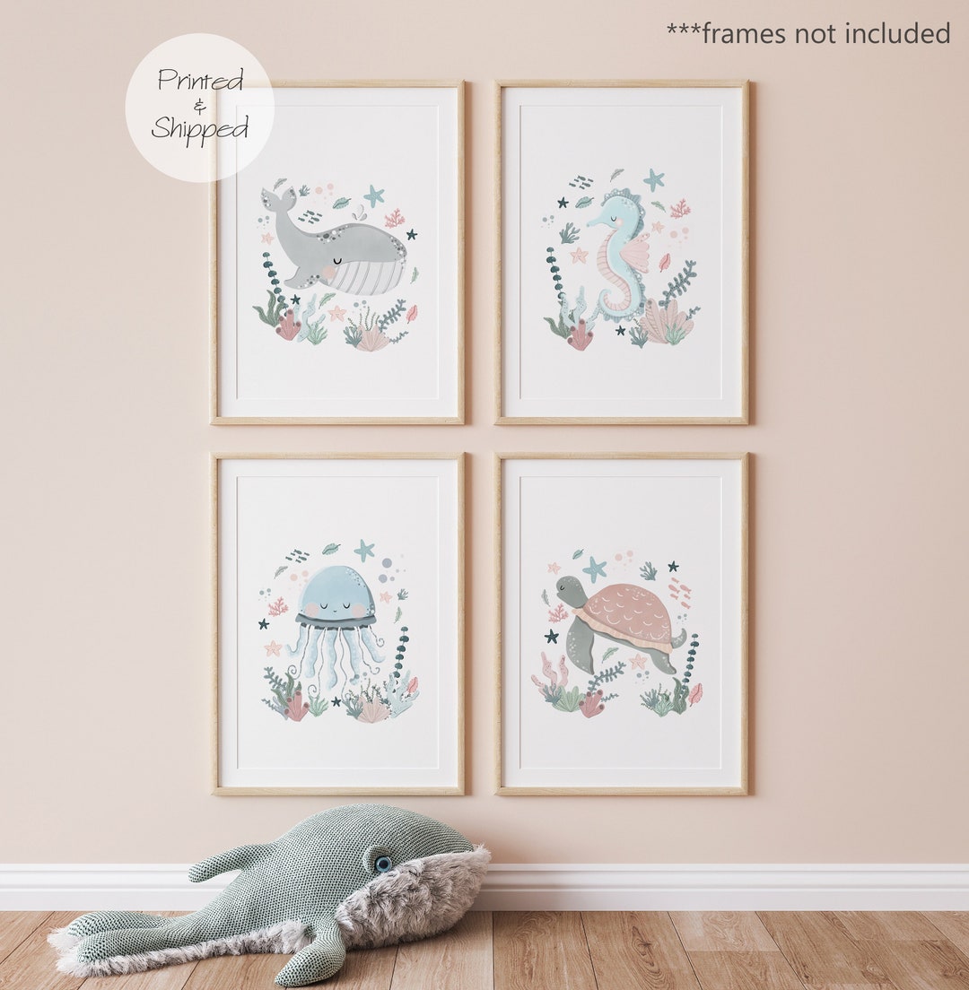 Set of 4 Sea Animals Print, Under the Ocean Print, Nautical Nursery ...