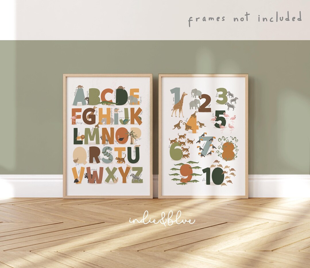 Set of 2 Safari Alphabet Numbers Print, ABC Print, Safari Animals Print ...