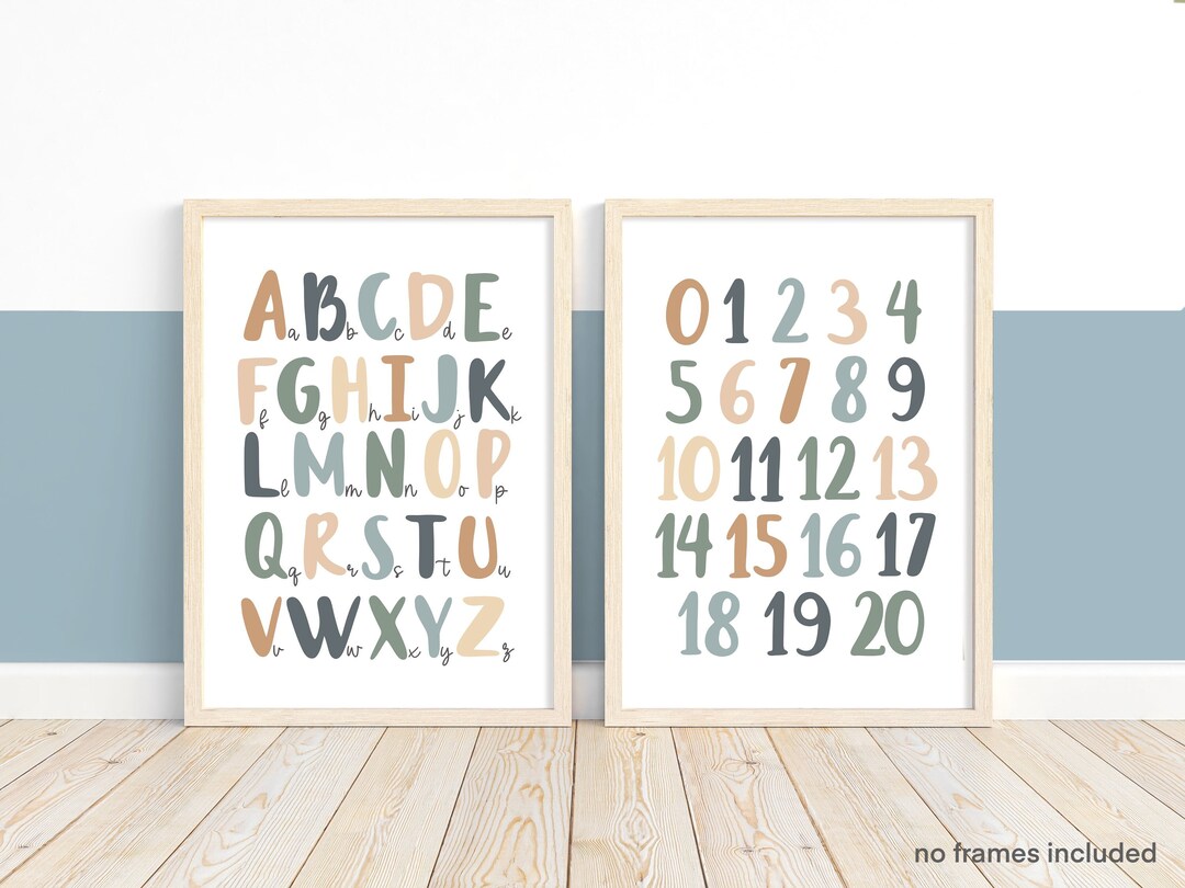Alphabet and Numbers Print Set, Blue and Green Educational Prints ...