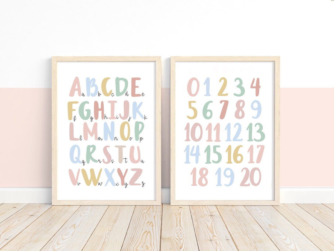 Rainbow Alphabet and Numbers Print Set, Blue and Green Educational ...
