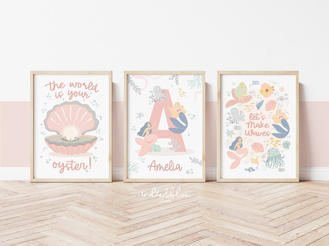 Set of 3 Sea Prints in Pastel, Personalised Initial Mermaid Print Set ...