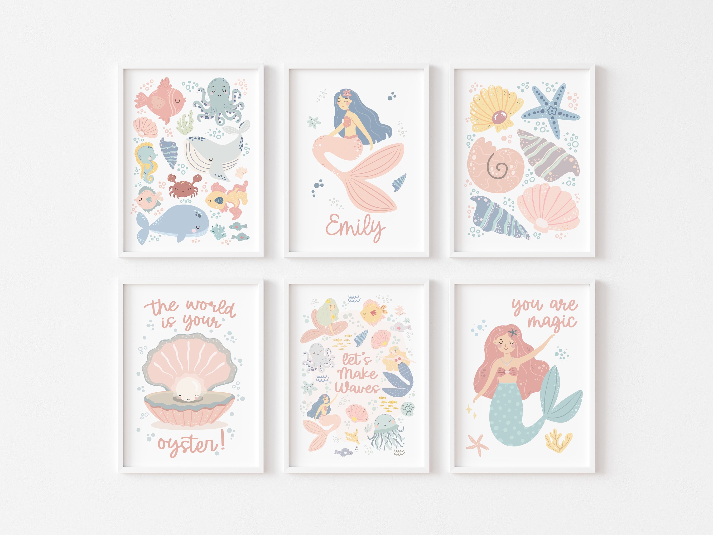 Set of 6 Personalised Mermaids Print in Pastel, Under the Ocean Prints ...