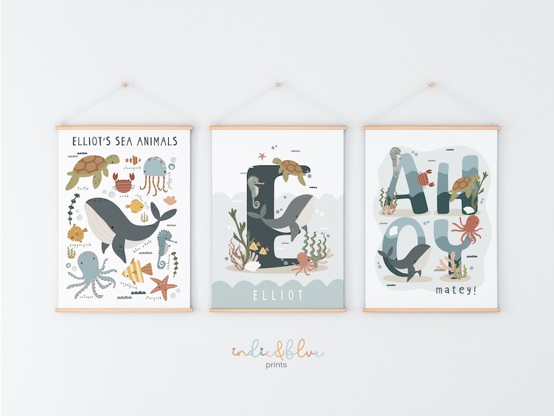 Personalised Name Sea Animals Print Set, Under the Sea Ocean Nursery ...