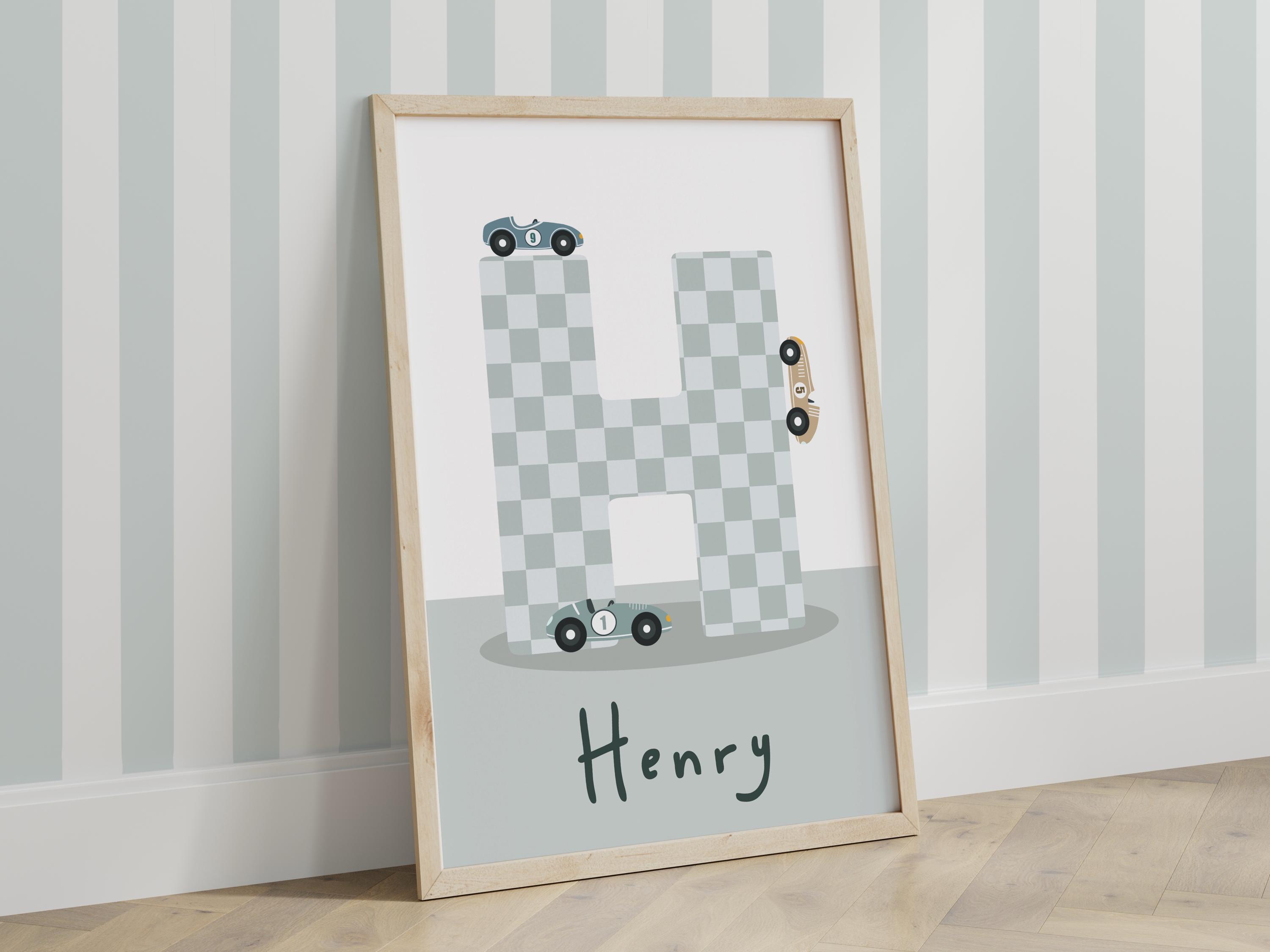 Personalised Race Car Name Set of 3 Prints, Checkered Flag Initial Name ...