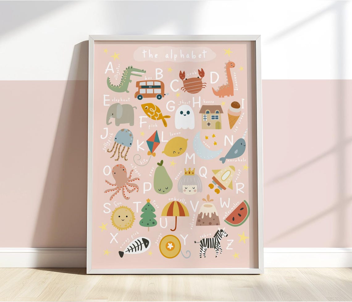 Educational Alphabet Chart Print in Pink, Colourful Playroom Toddler ...