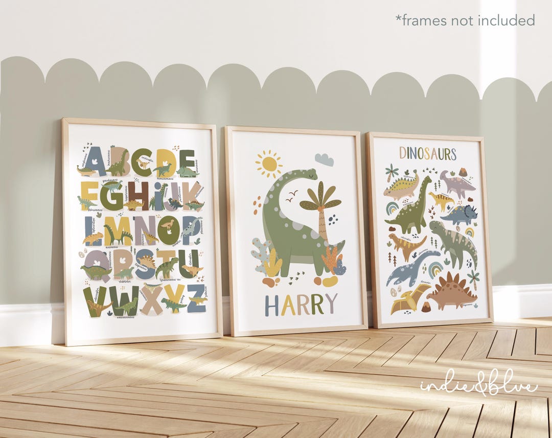 Set of 3 Personalised Dinosaur Posters, Alphabet Print, Dinosaur Chart ...