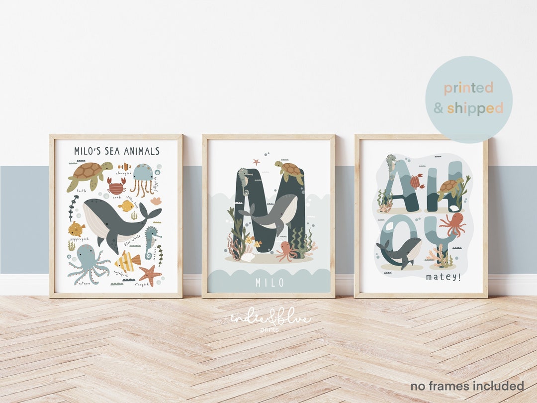 Personalised Name Sea Animals Print Set, Under the Sea Ocean Nursery ...