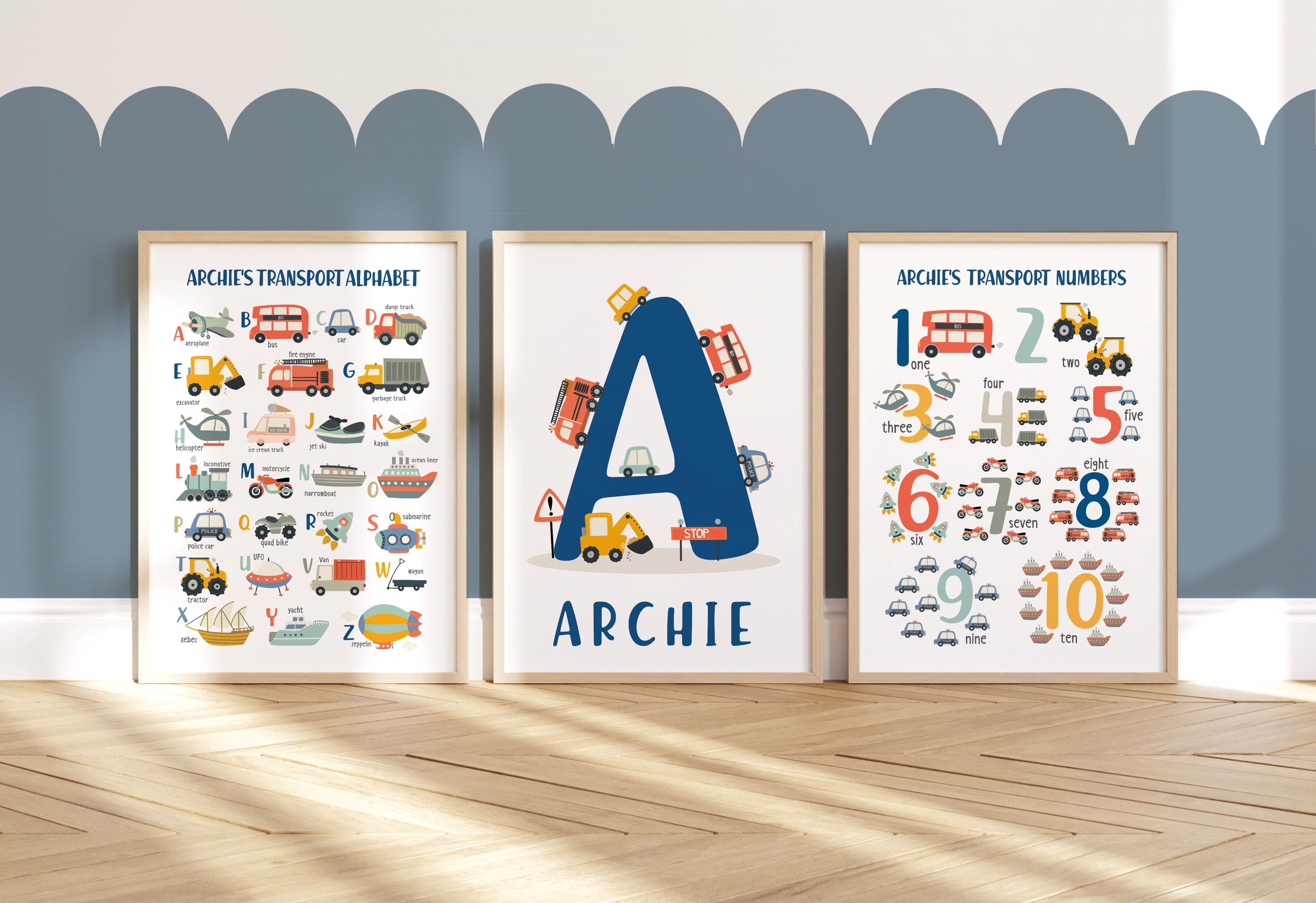 Set of 3 Personalised Transport Posters, Vehicle Alphabet Print, Cars ...